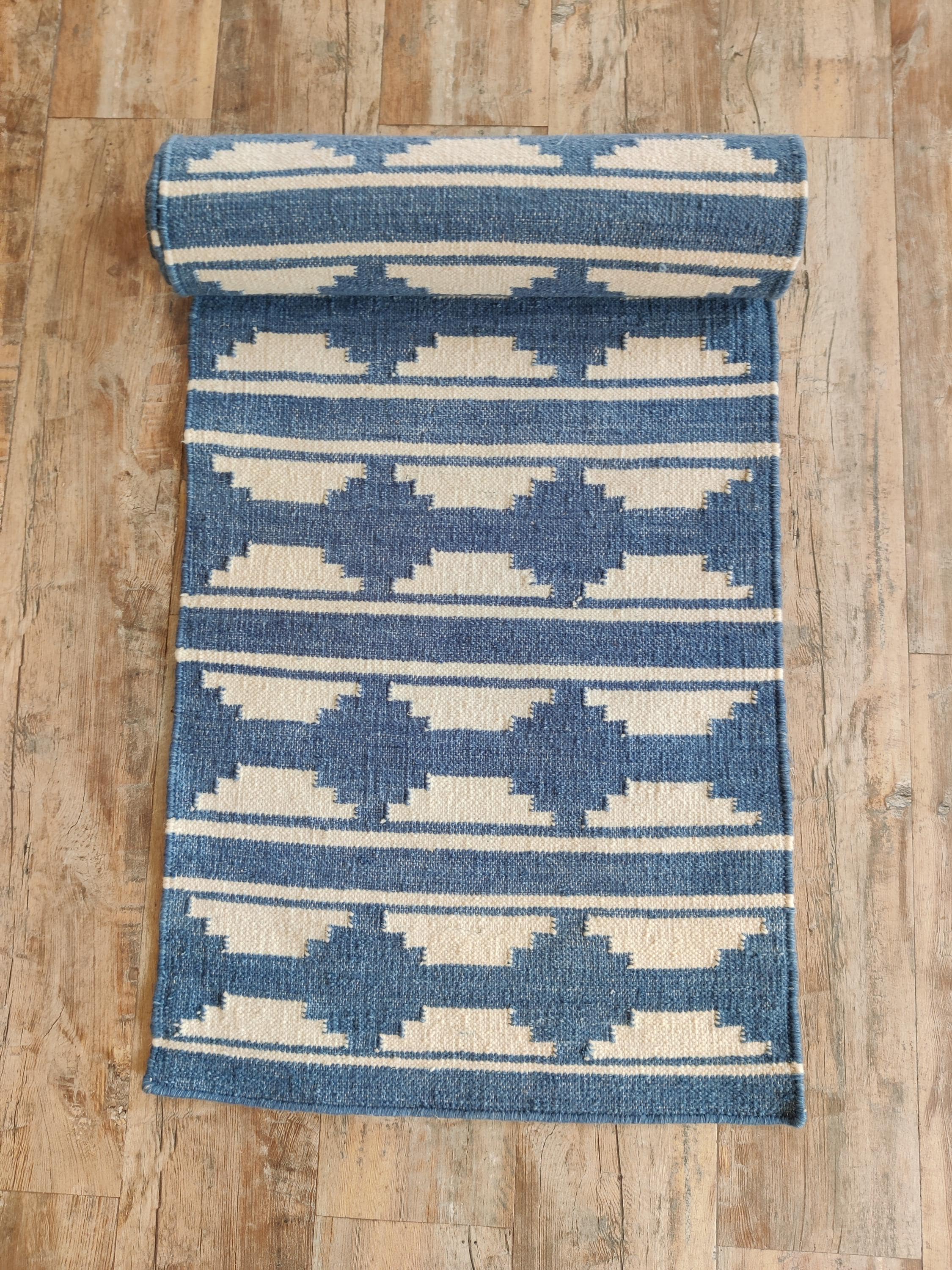 Cotton Wool Blue and White Handmade Runner Rug, Flatweave Runner Rug ...
