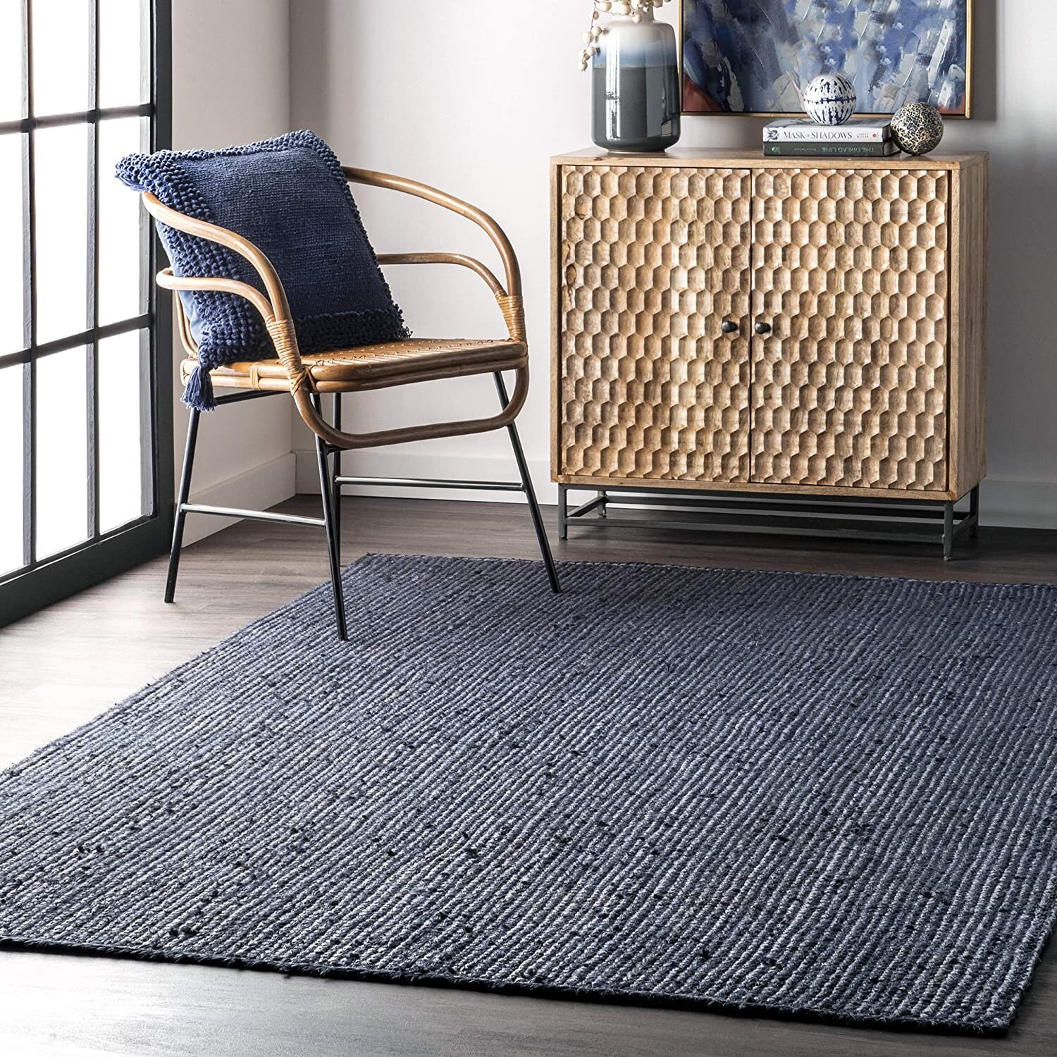 Navy Blue Boho Jute Rug, Navy Blue Natural Jute Rug, Bohemian Rug, Hand ...
