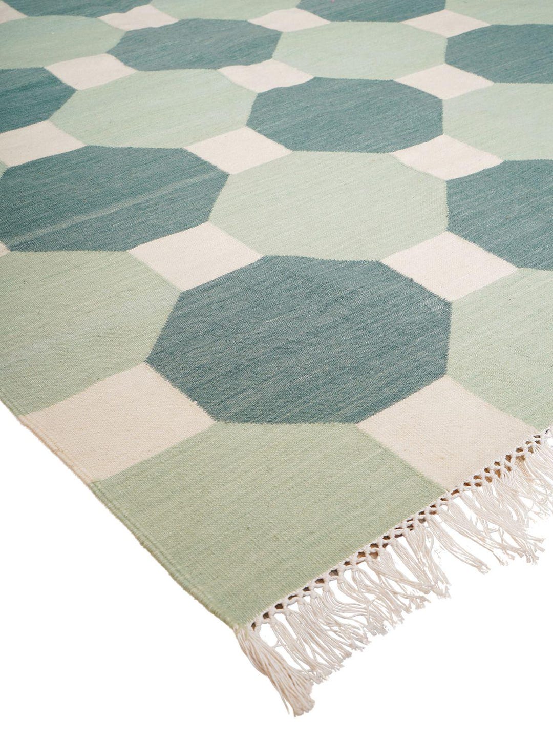 8X10 Ft Octagonal Wool Flatweave Rug, Handmade Wool Rug, Green and ...