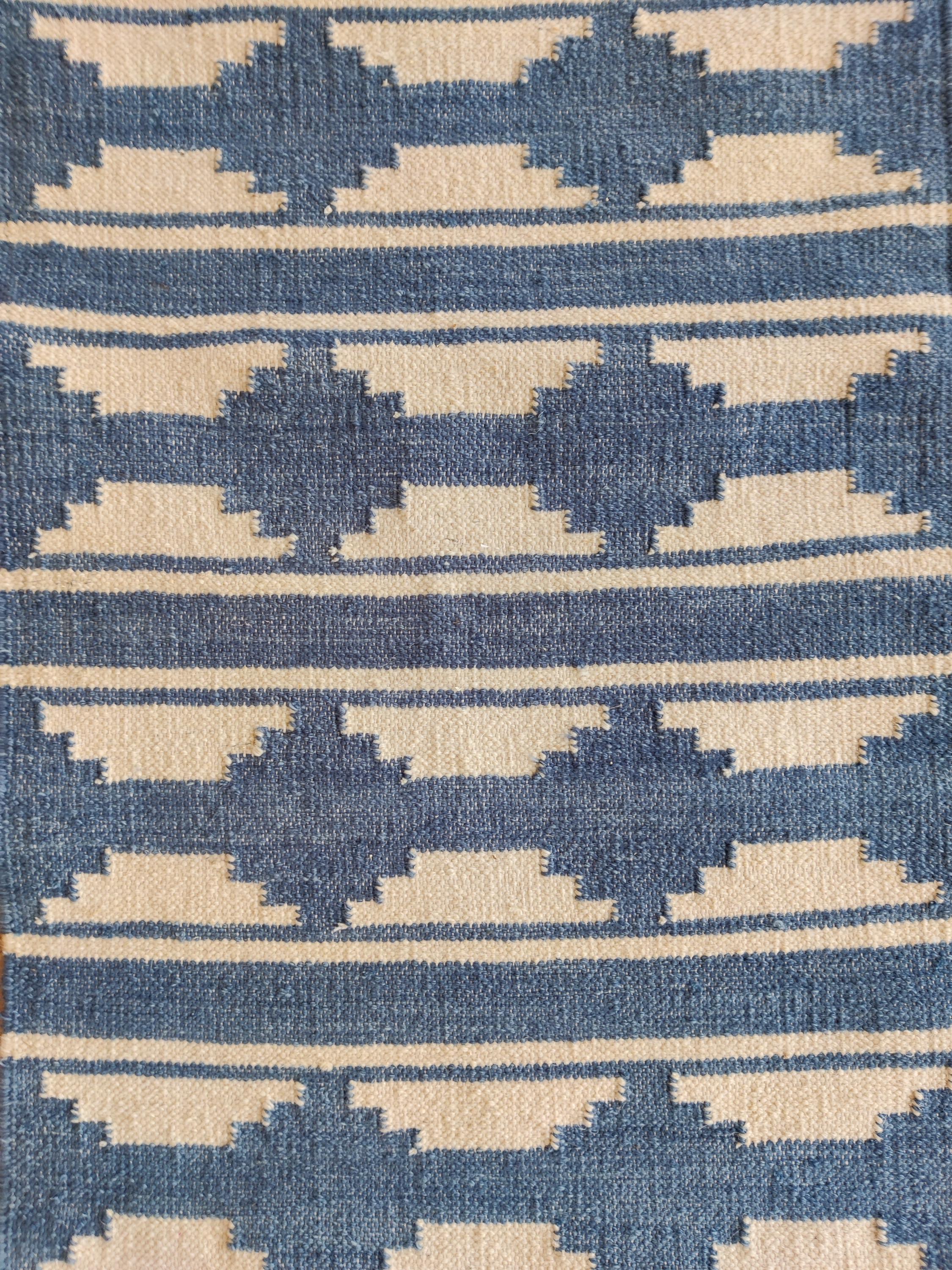 Cotton Wool Blue and White Handmade Runner Rug, Flatweave Runner Rug ...