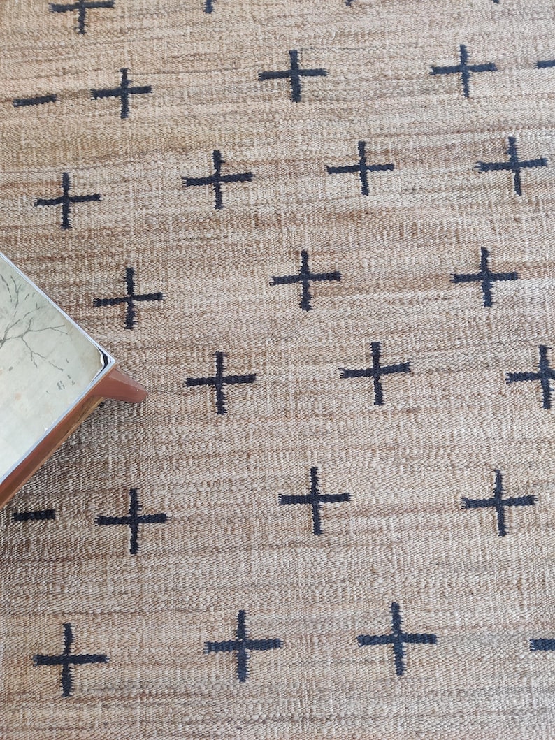 Jute Hemp Rug With Black Cross Pattern, Handwoven Natural Fiber Floor ...