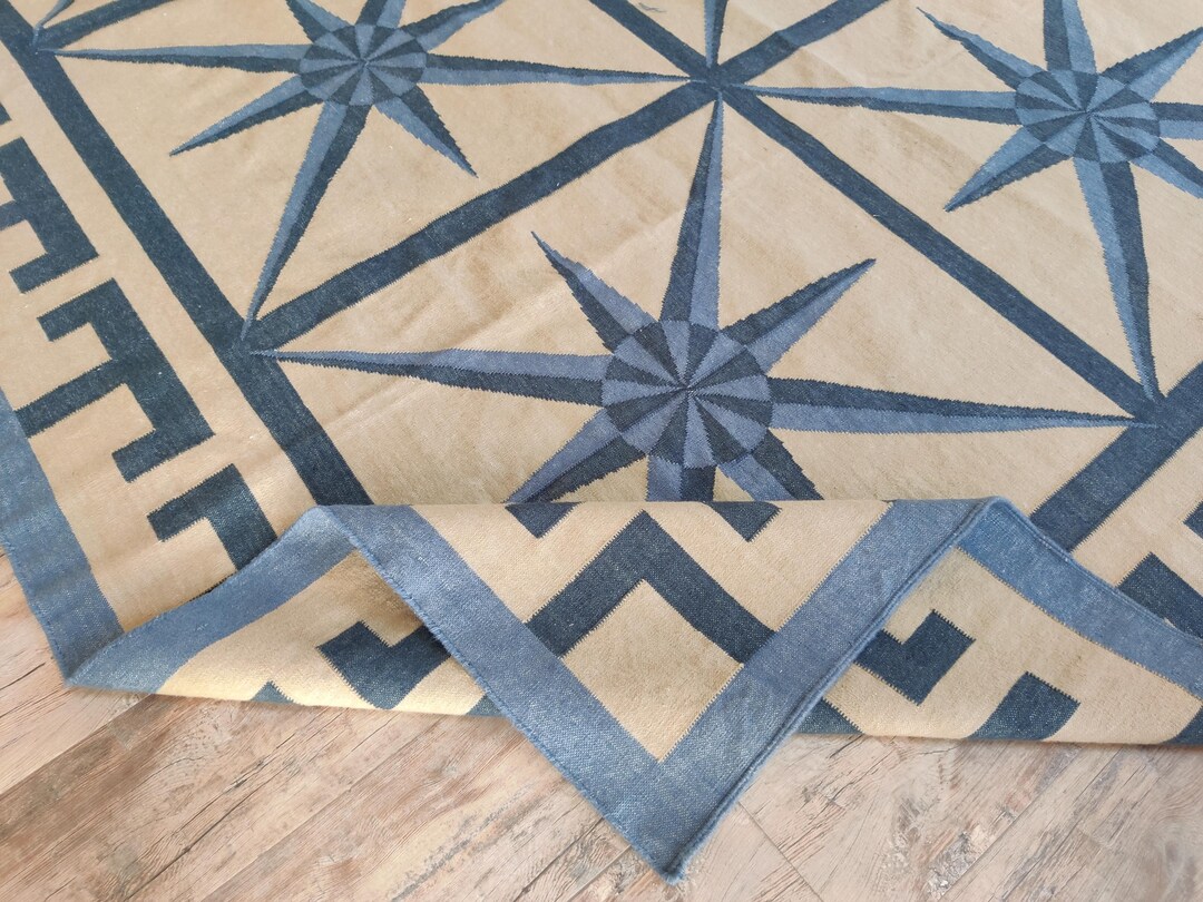 Handwoven Wool Modern Flatweave Rug, Blue Star Design Rug, Wool Modern ...