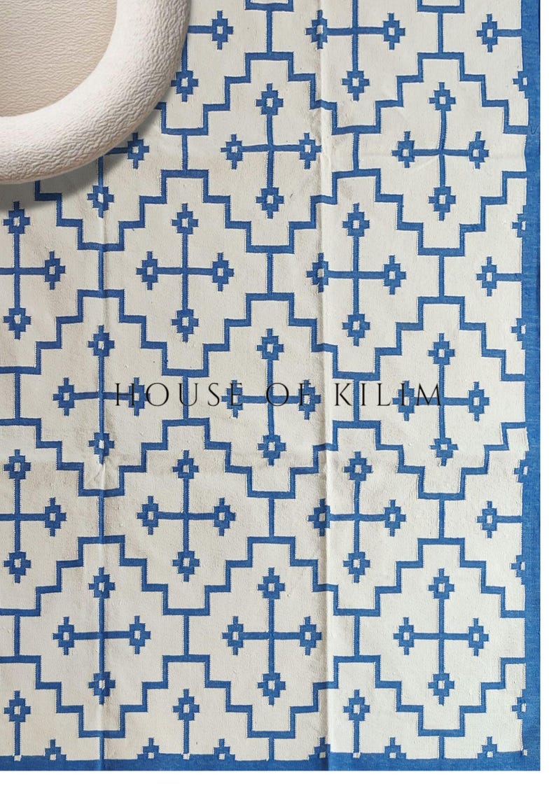 Custom Size Handwoven Flat Weave Cotton Rug, Home Decor Area Rug, Blue ...