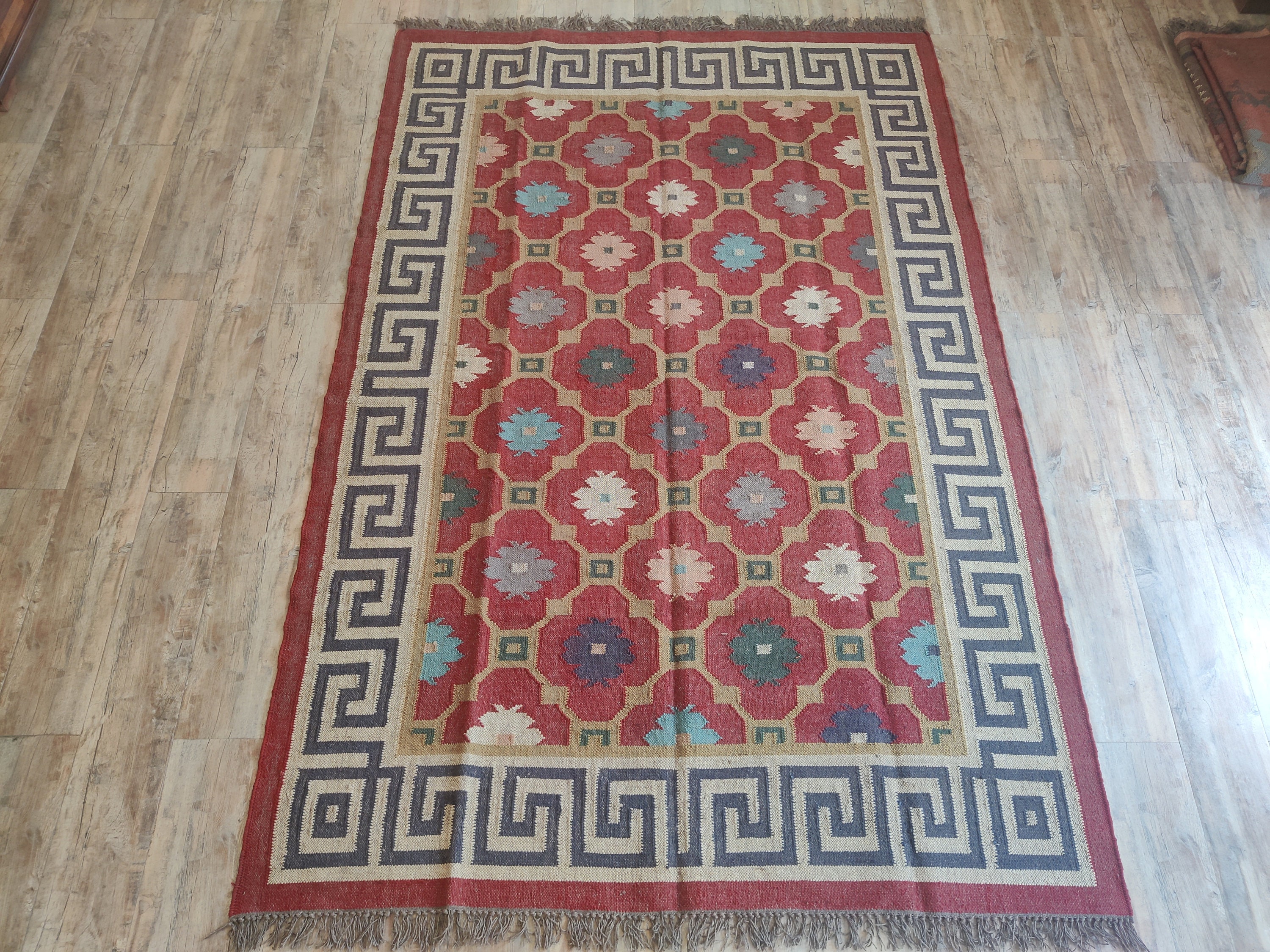 Handmade Wool Jute Rug, Greek Key Border Kilim Rug, Large 8x10ft ...