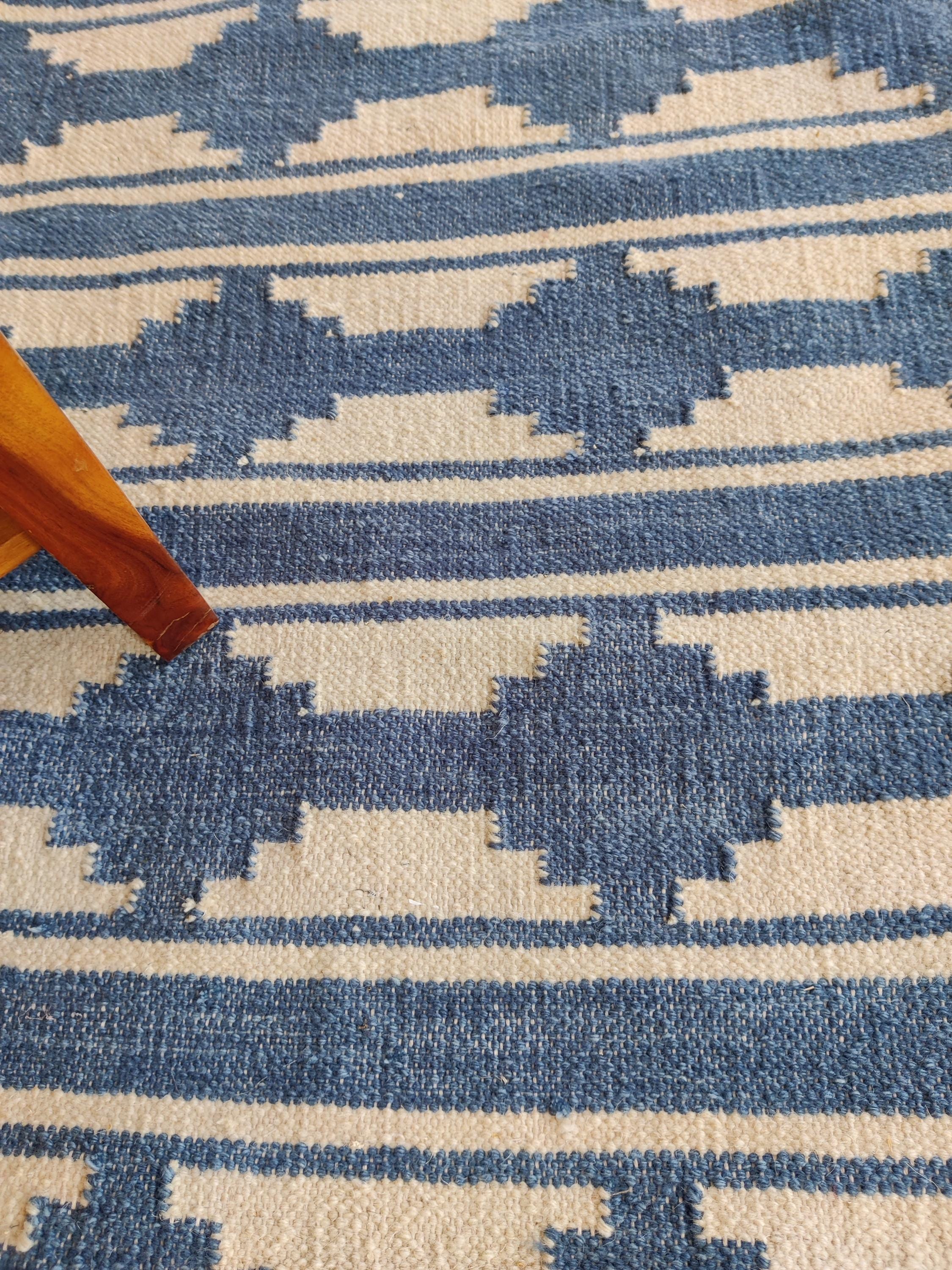 Cotton Wool Blue and White Handmade Runner Rug, Flatweave Runner Rug ...