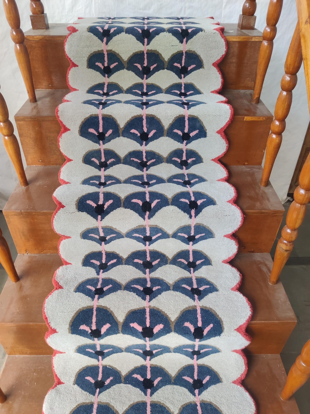 Scalloped Geometric Floral Stair Runner, Handcrafted Tufted New Zealand ...