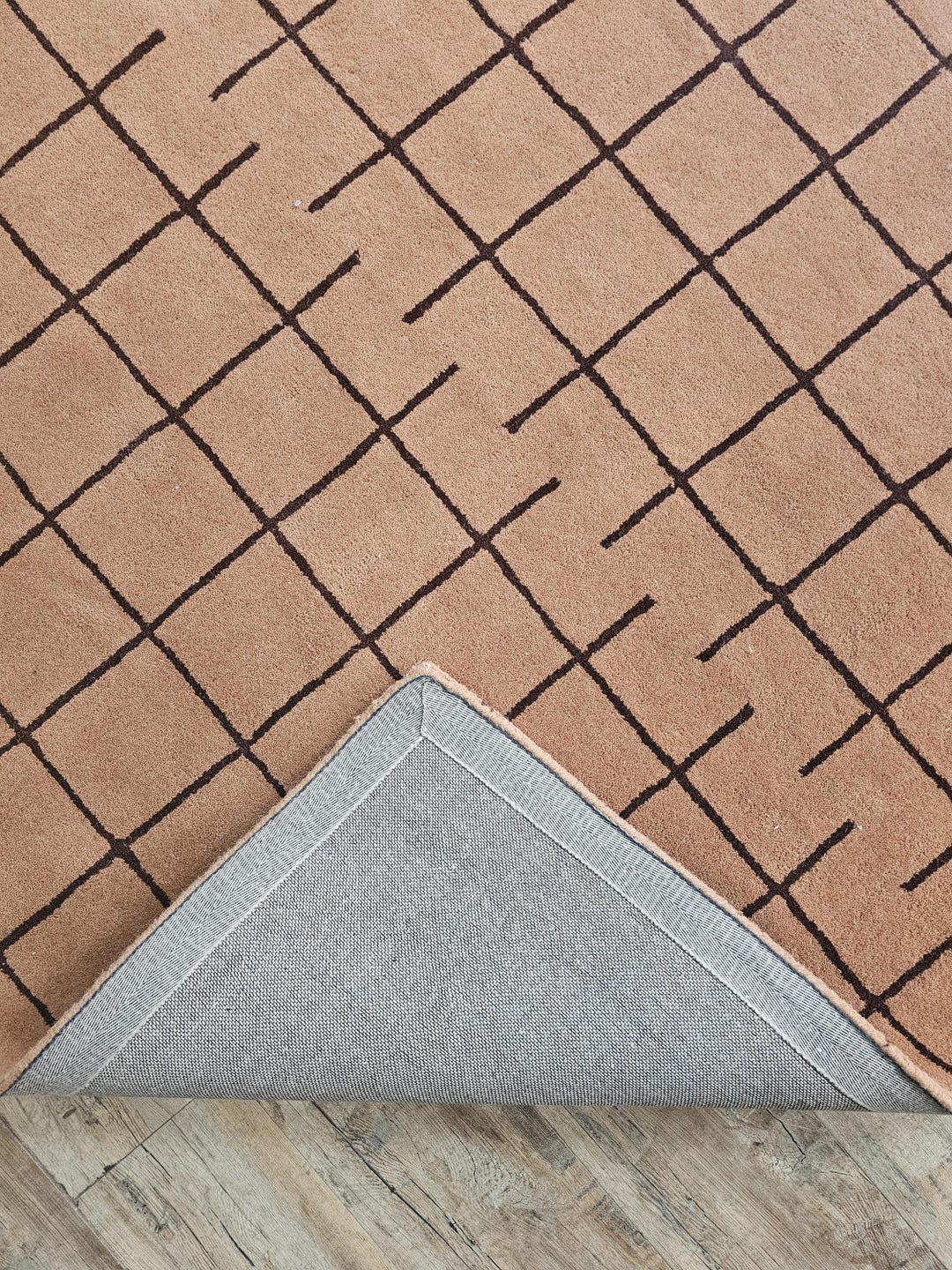 Brown Grid Pattern Rug, Handwoven Wool Checkered Carpet, Bohemian ...