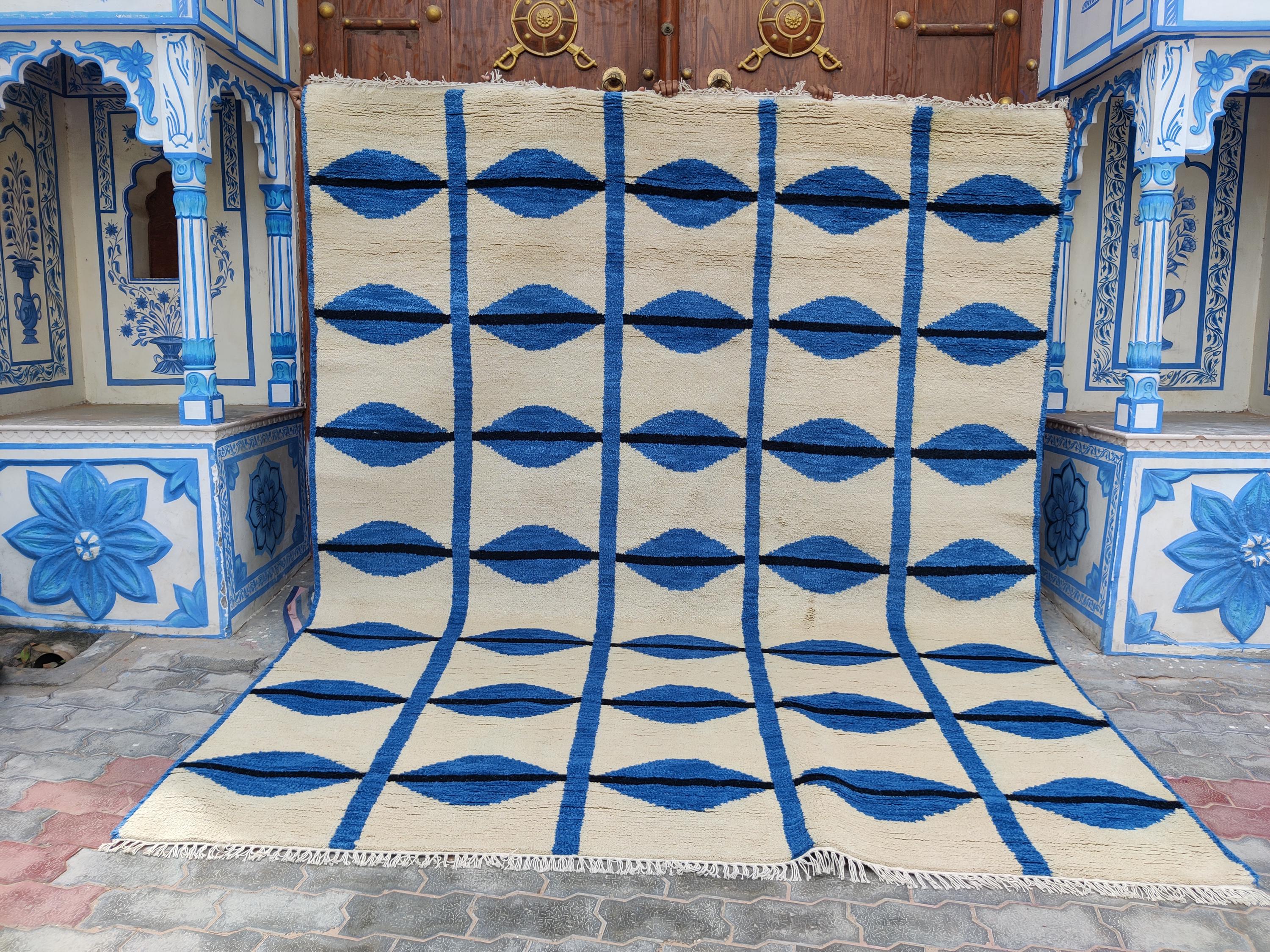 230X230 CM Blue Moroccan Style Wool Rug, Hand-knotted Geometric Carpet ...