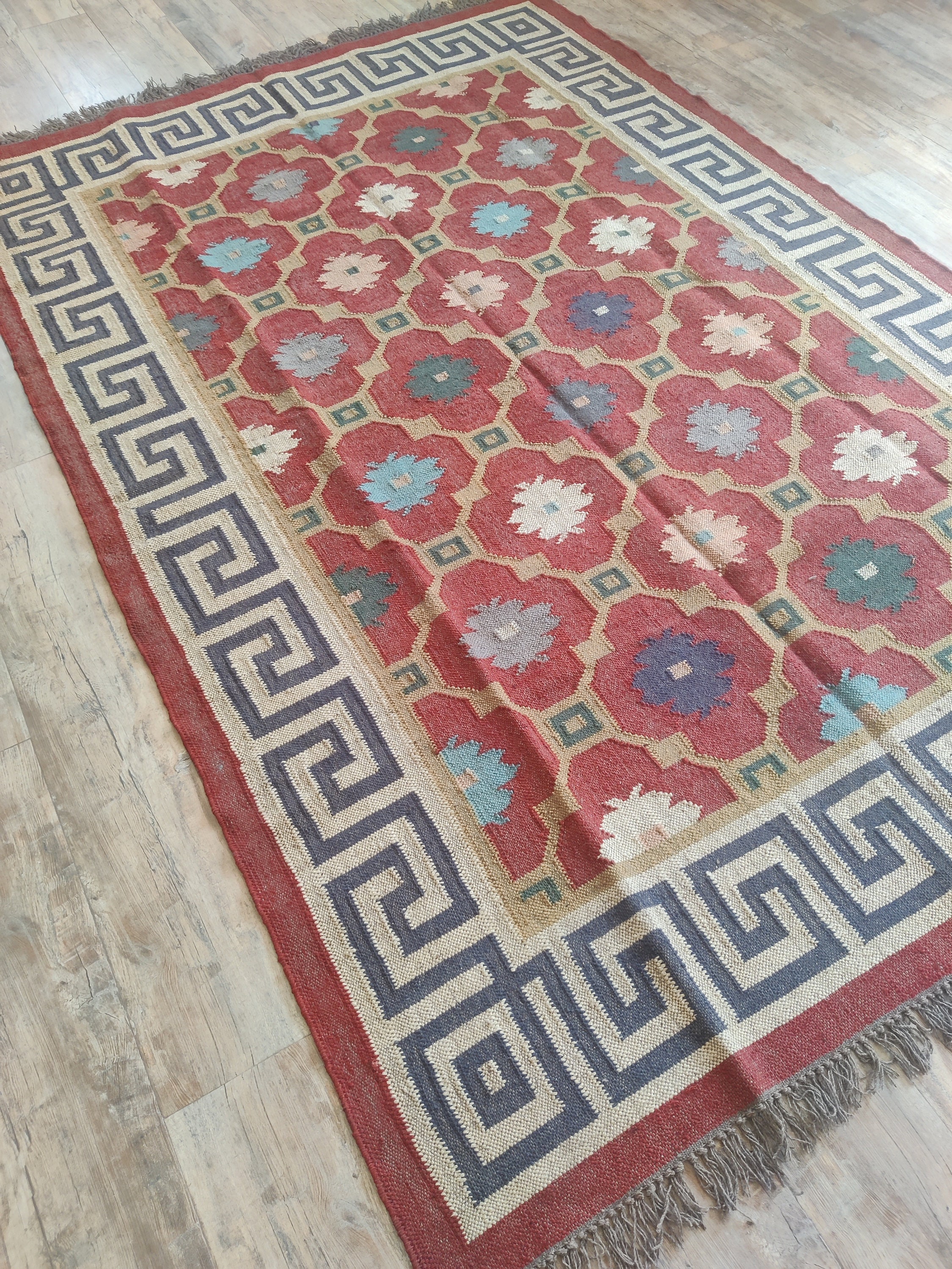 Handmade Wool Jute Rug, Greek Key Border Kilim Rug, Large 8x10ft ...