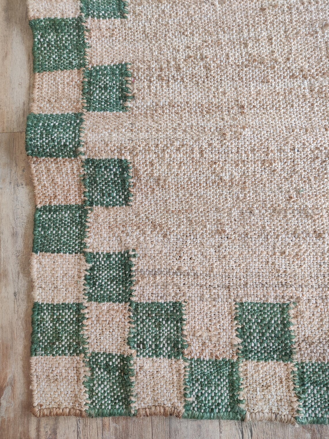 Handwoven Jute Green Checkered Border Rug, Natural Beige Farmhouse Area ...