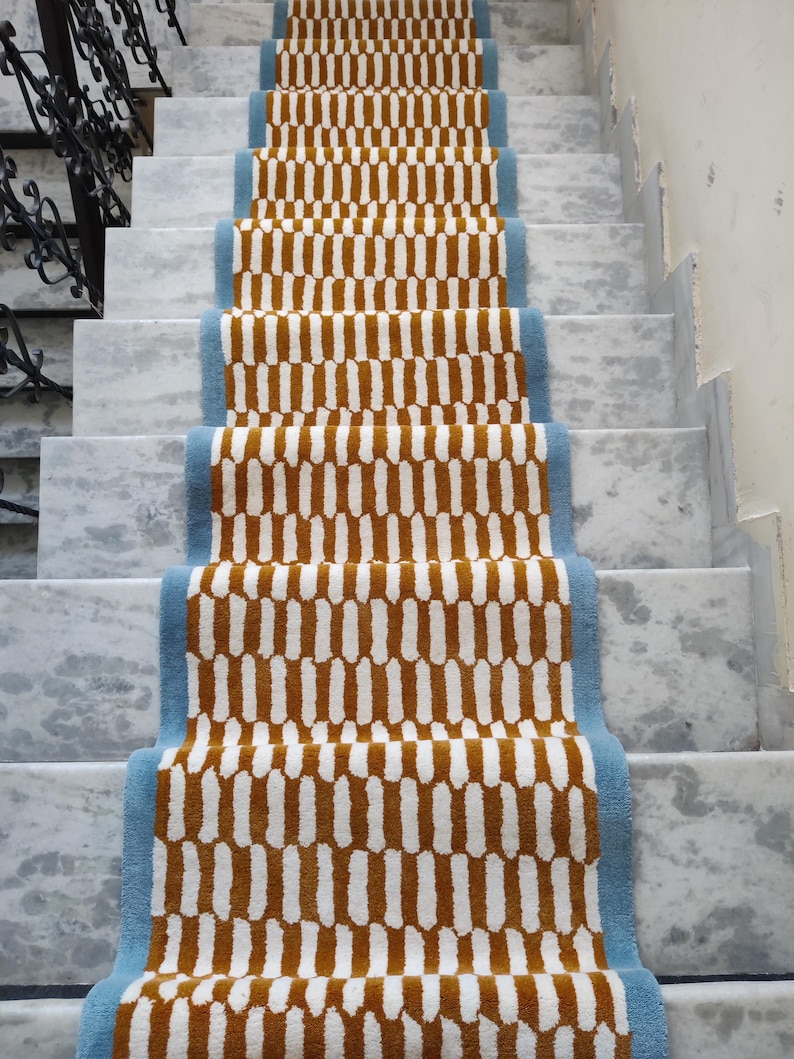 Wool Stair Runner Carpet, Handwoven Geometric Tufted New Zealand Wool ...