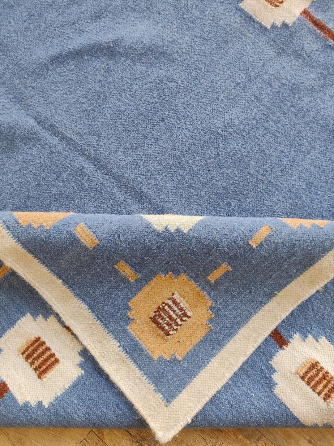 Blue Wool Area Geometric Border Design Rug, Bohemian Wool Minimalist ...