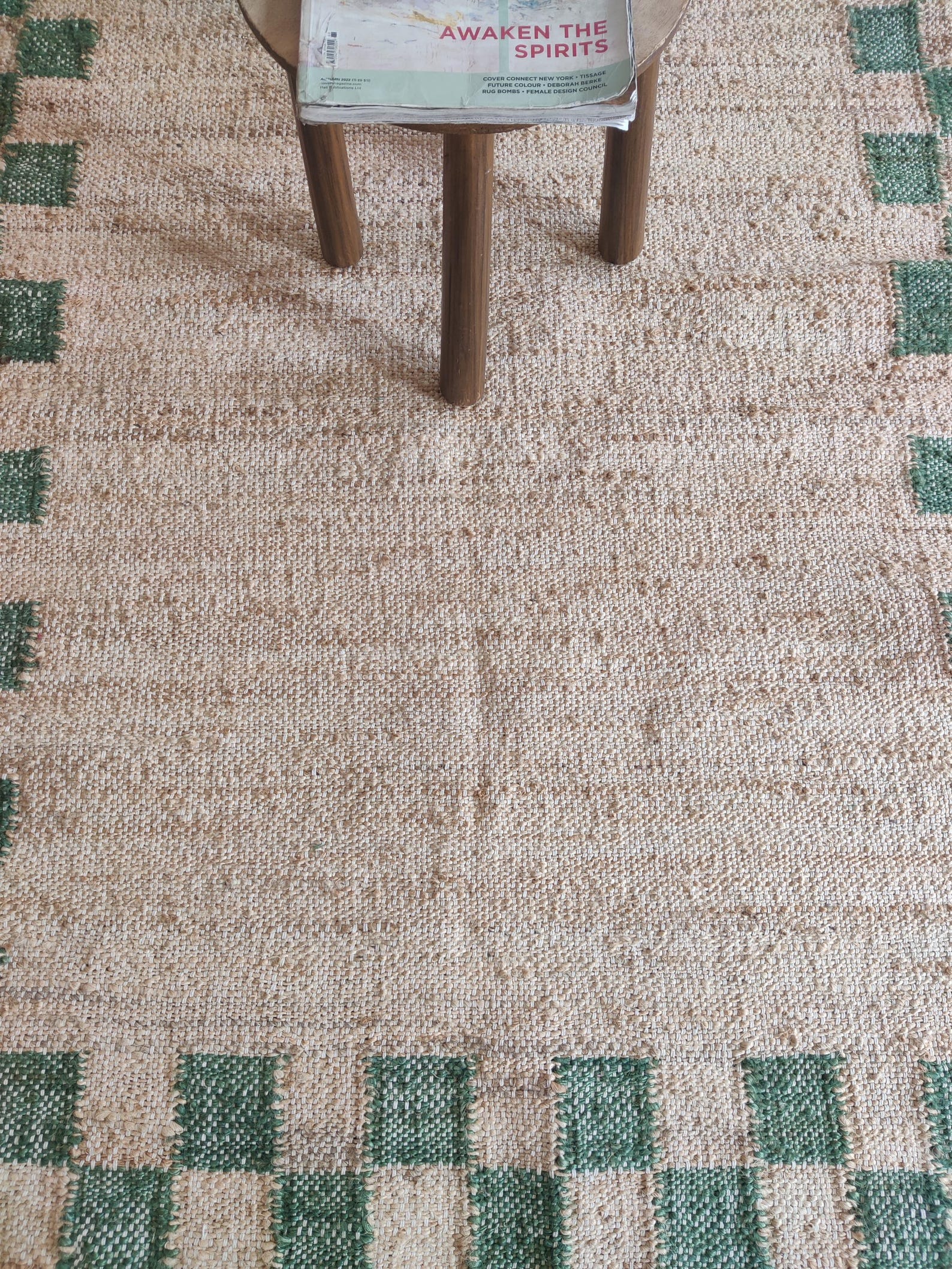 Handwoven Jute Green Checkered Border Rug, Natural Beige Farmhouse Area ...
