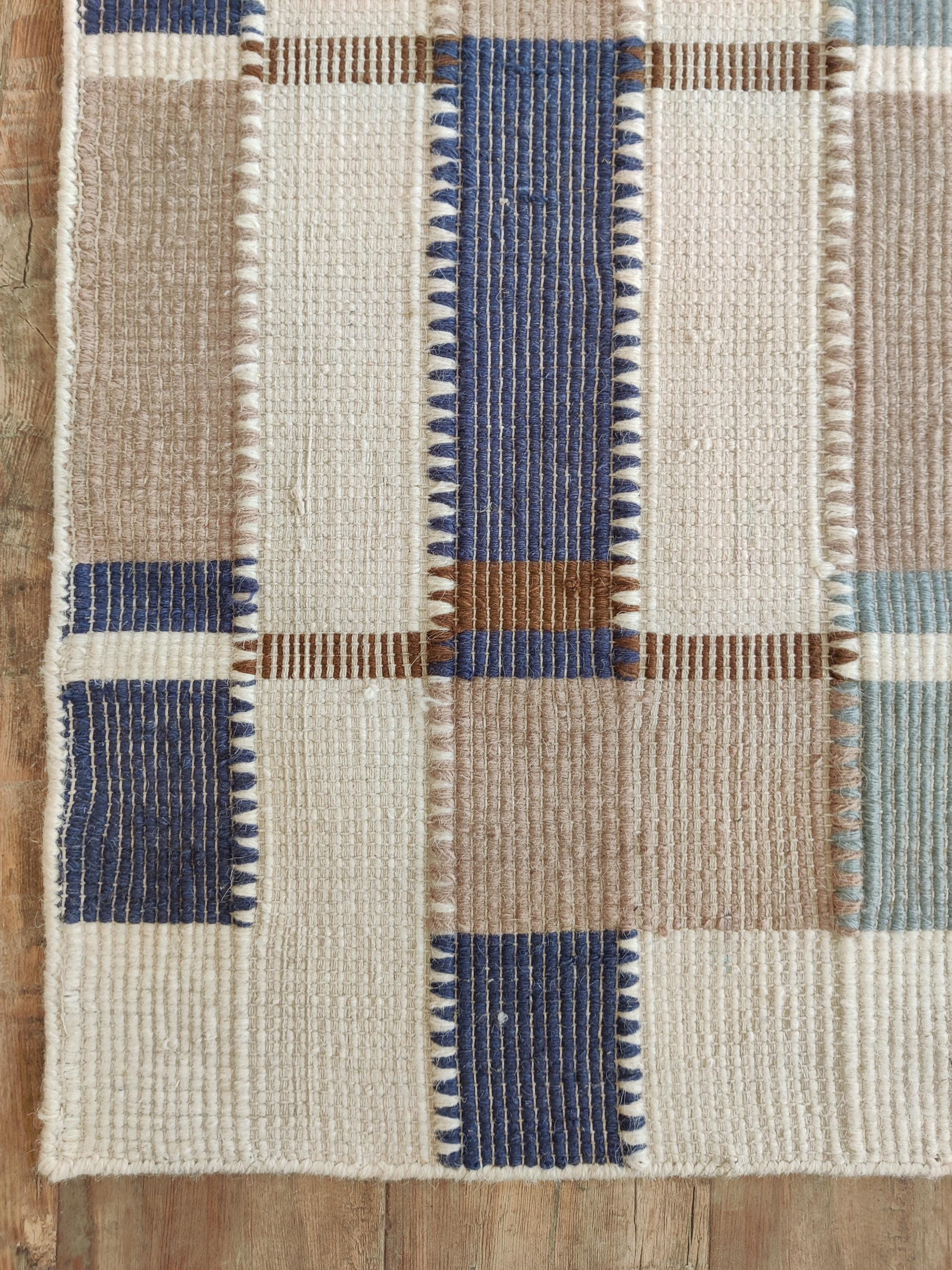 Handwoven Wool Checkered, Neutral Plaid Grid Area Rug, Blue Green Brown ...
