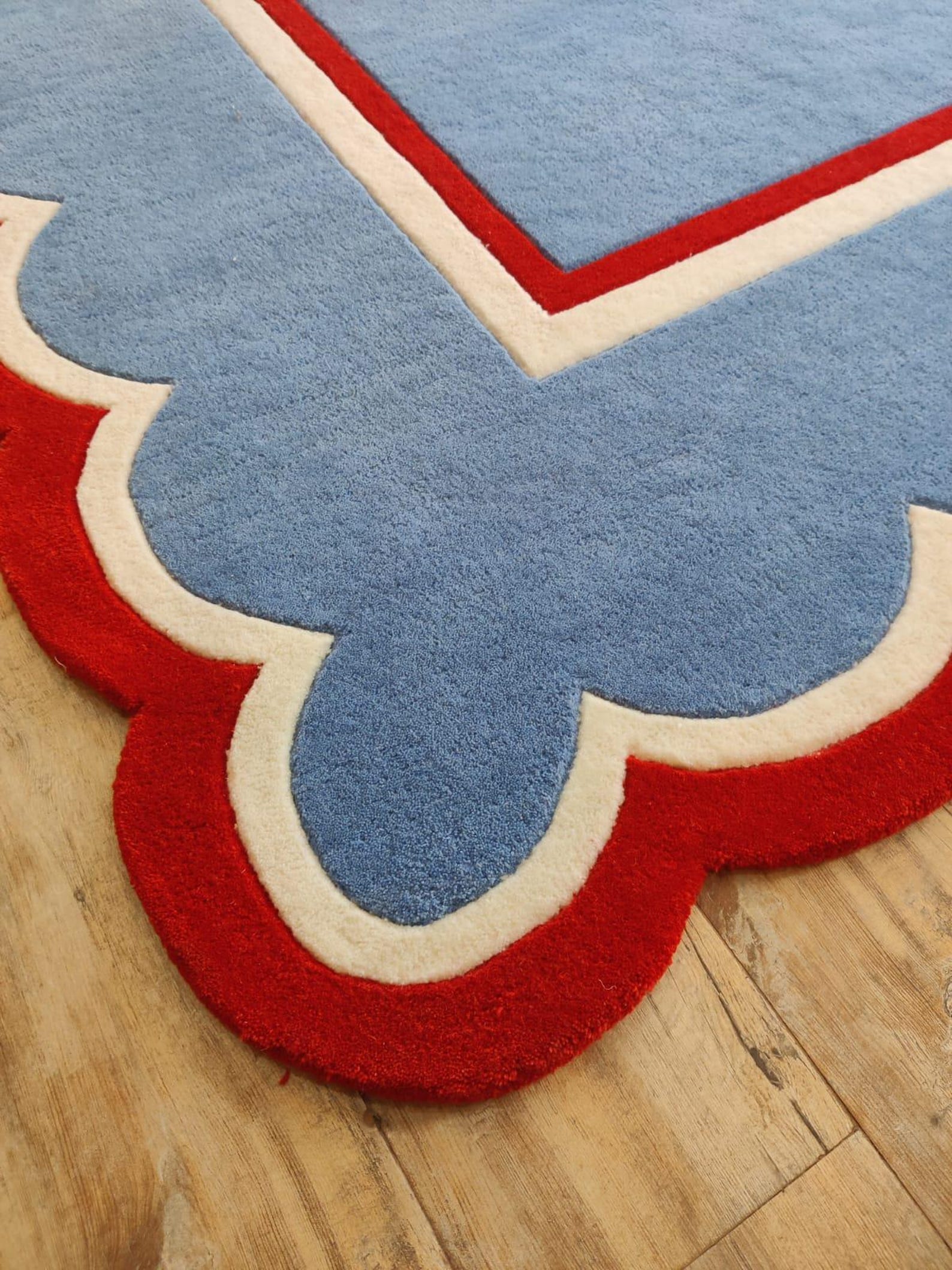 Luxury Wool Tufted Carpet, Wool Scalloped Red Border, Soft Handmade Rug ...