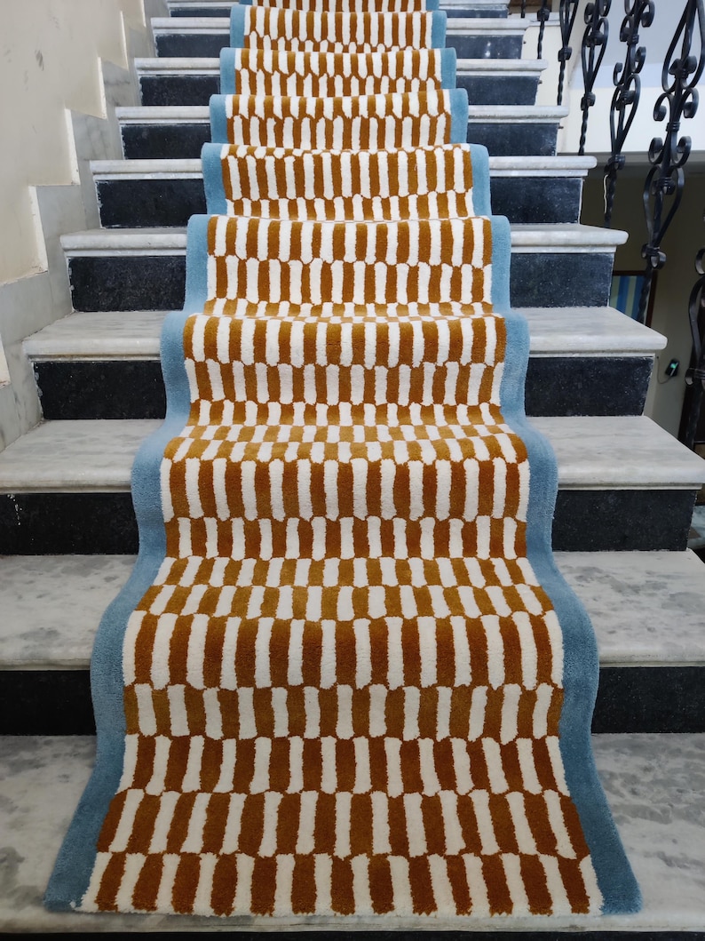 Wool Stair Runner Carpet, Handwoven Geometric Tufted New Zealand Wool ...