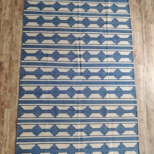 Cotton Wool Blue and White Handmade Rug, Handwoven Modern Flatweave ...
