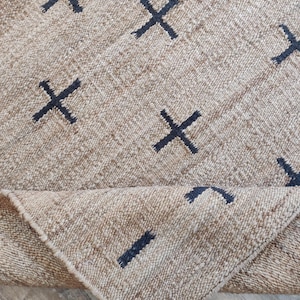 Jute Hemp Rug With Black Cross Pattern, Handwoven Natural Fiber Floor ...