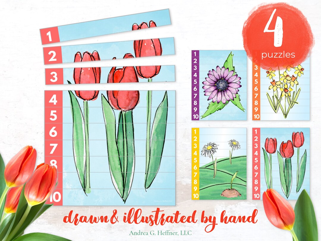 Flowers Number Sequence Puzzle Set Four Counting Puzzles 1-10 for ...