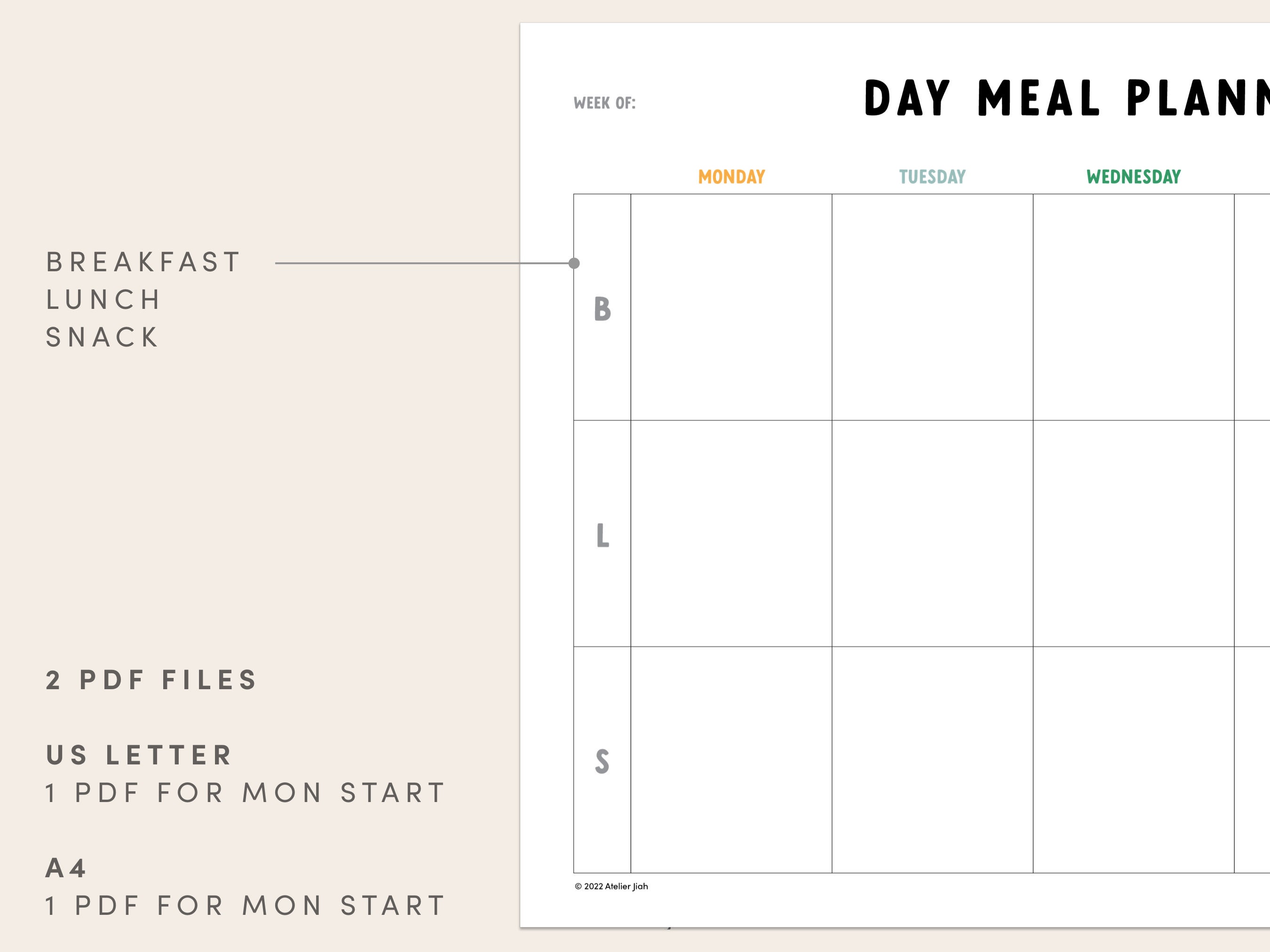Daycare Meal Planner Printable 5 Day Weekly Meal Plan Childcare Weekday ...