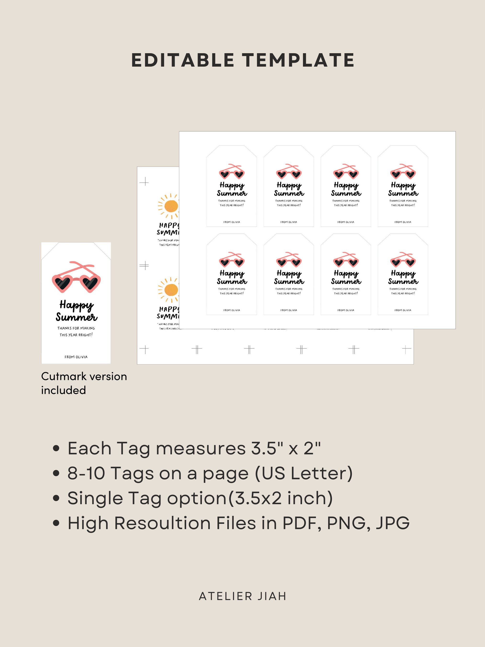 Editable Happy Summer Class Treat Label Heart Sunglass Favor Tag Kid ...