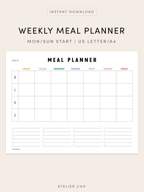 Printable Meal Planner for Family Weekly Meal Plan Grocery - Etsy