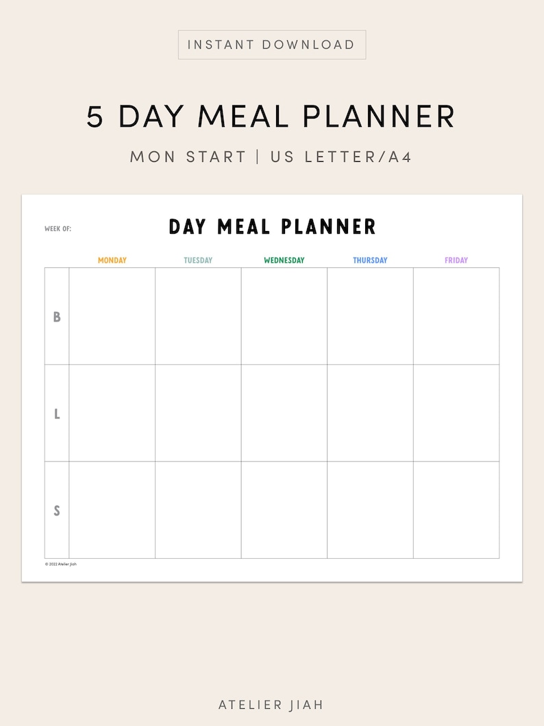 Daycare Meal Planner Printable 5 Day Weekly Meal Plan Childcare Weekday ...