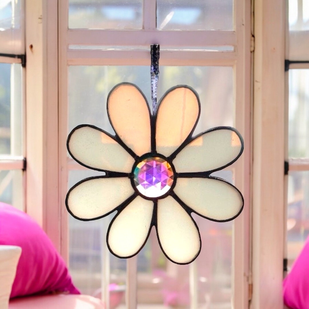 Stained Glass Daisy Flower With Sparkling Trichroic Glass Jewel at Its ...