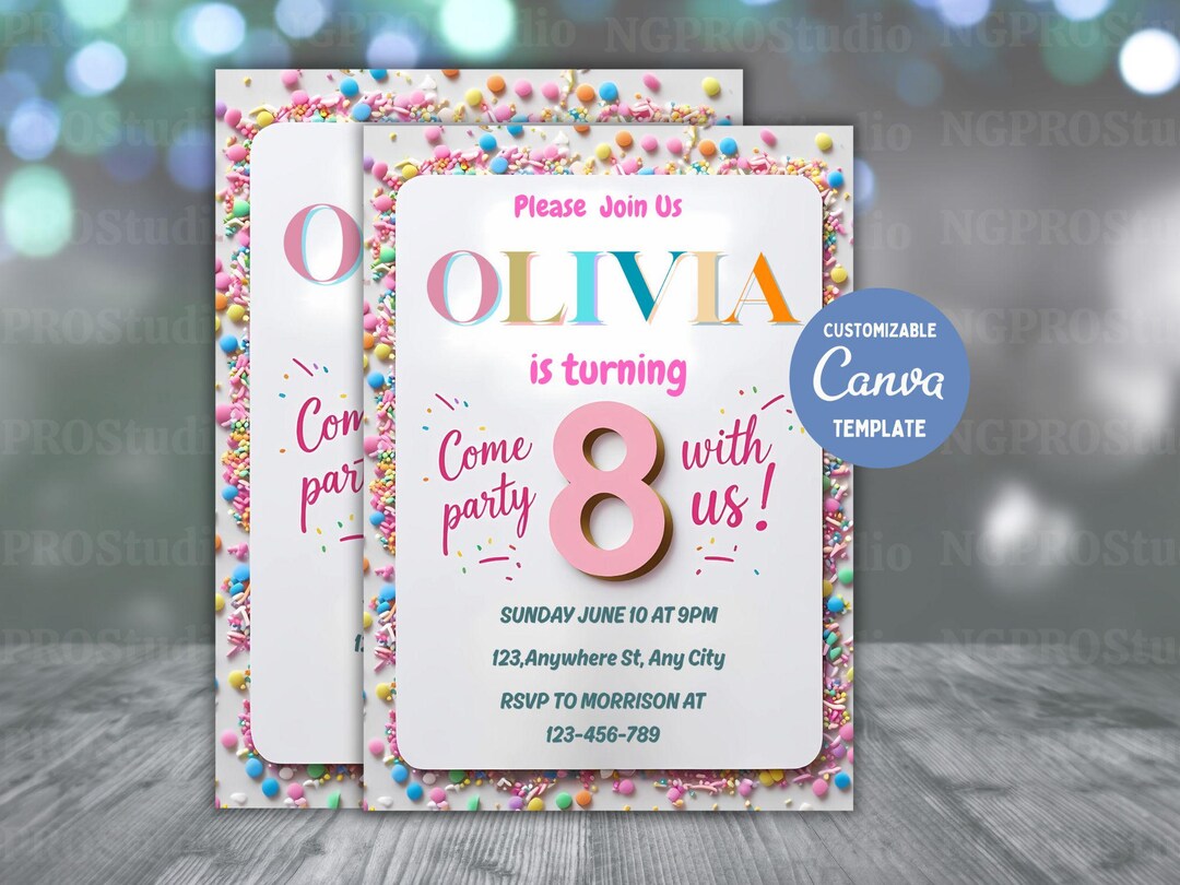 Editable Confetti 8th Birthday Invitation Template | Colored Confetti ...