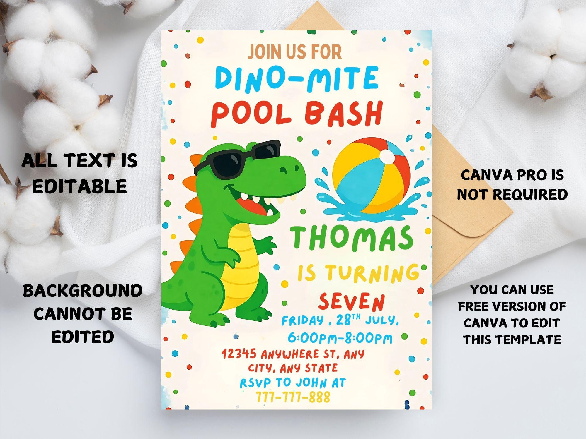 Editable Dinosaur Pool Party 5th Birthday Invitation Dino-mite Summer ...