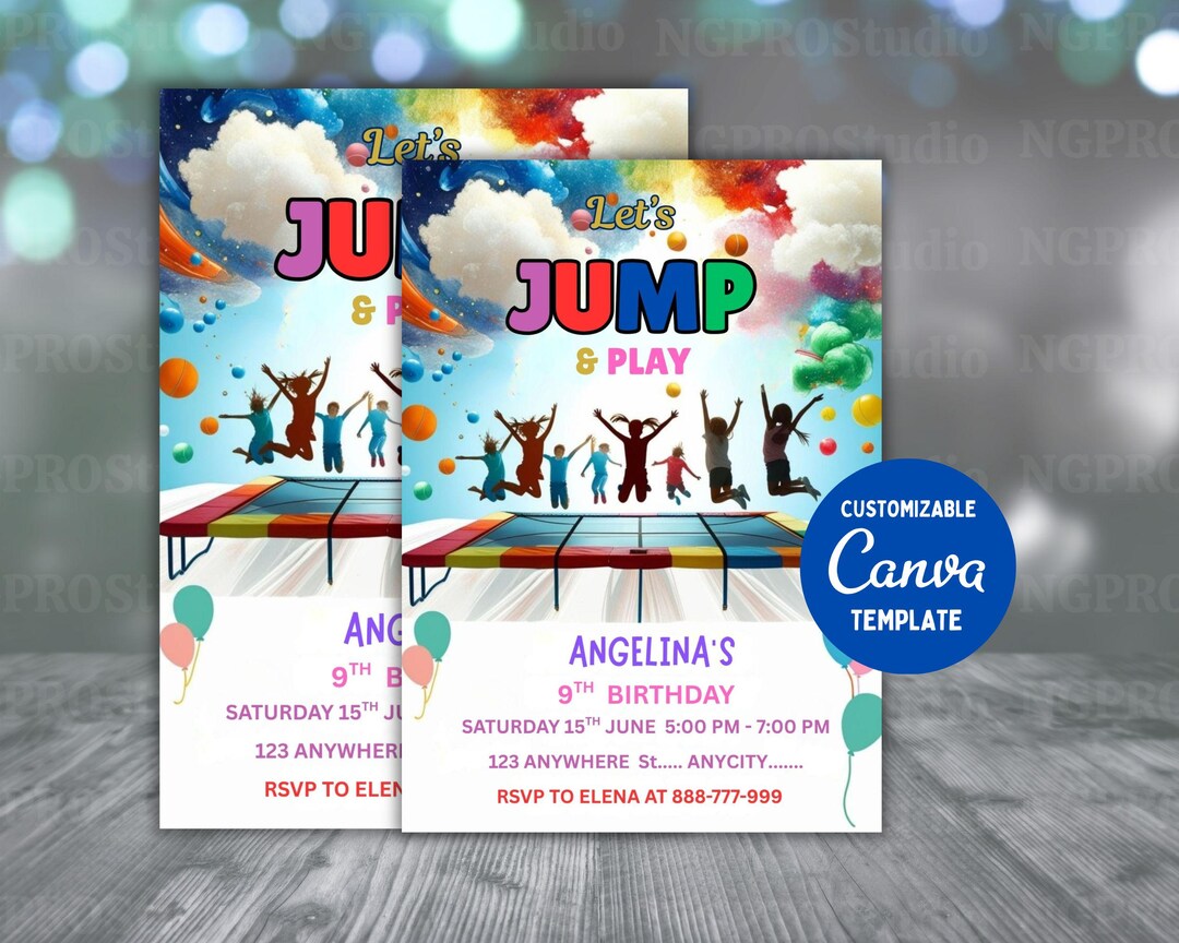 Editable Jump Party Birthday Invitation, Glow Trampoline Party Neutral ...