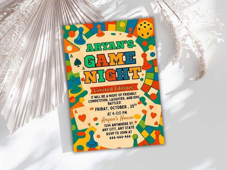 Editable Game Night Invitation, House Party Invite, Board Games, Family ...