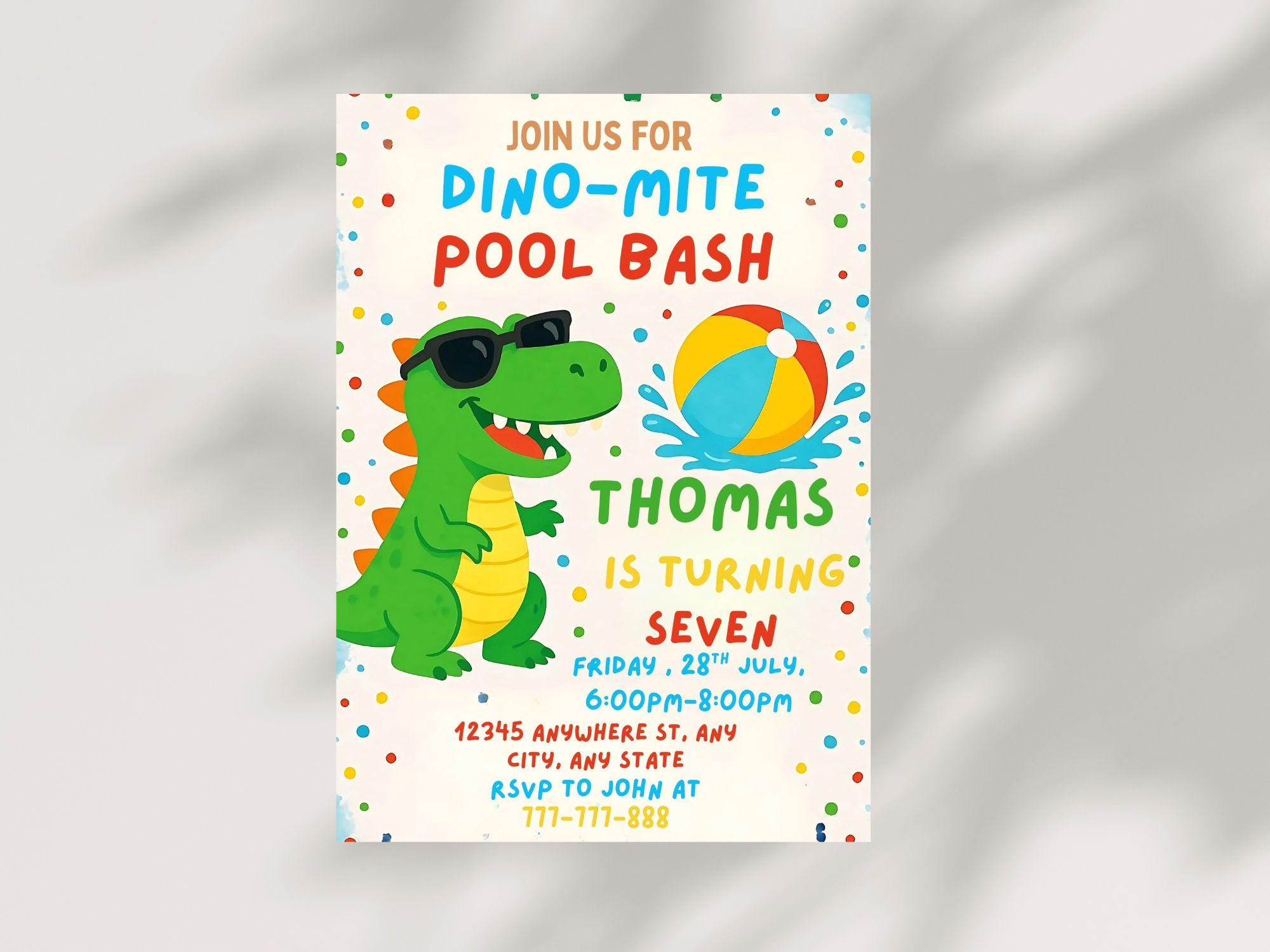 Editable Dinosaur Pool Party 5th Birthday Invitation Dino-mite Summer ...