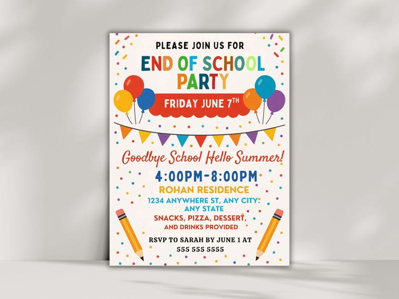 Editable End of School Year Party Invitation Template, Printable Canva ...