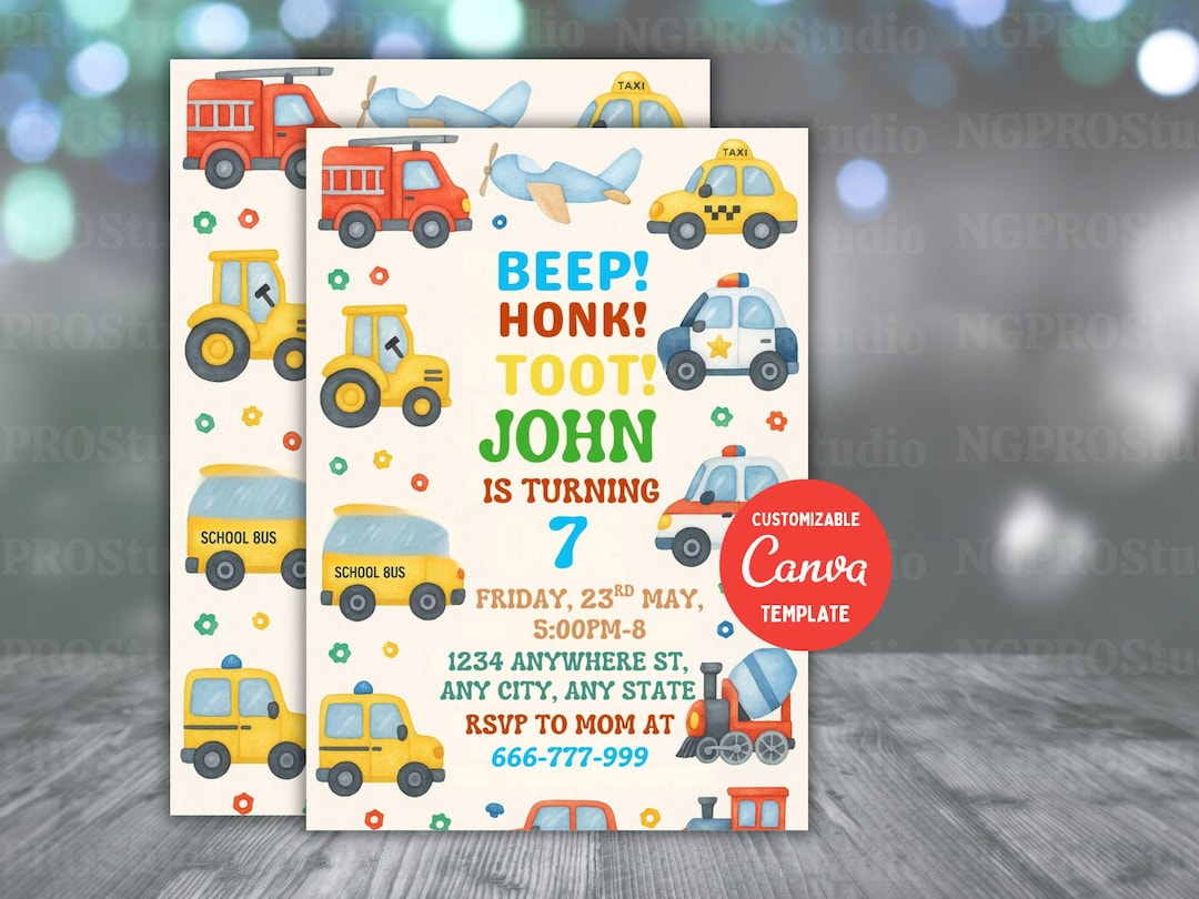 Editable Transportation Birthday Party Invitation, Truck, Train, Cars ...