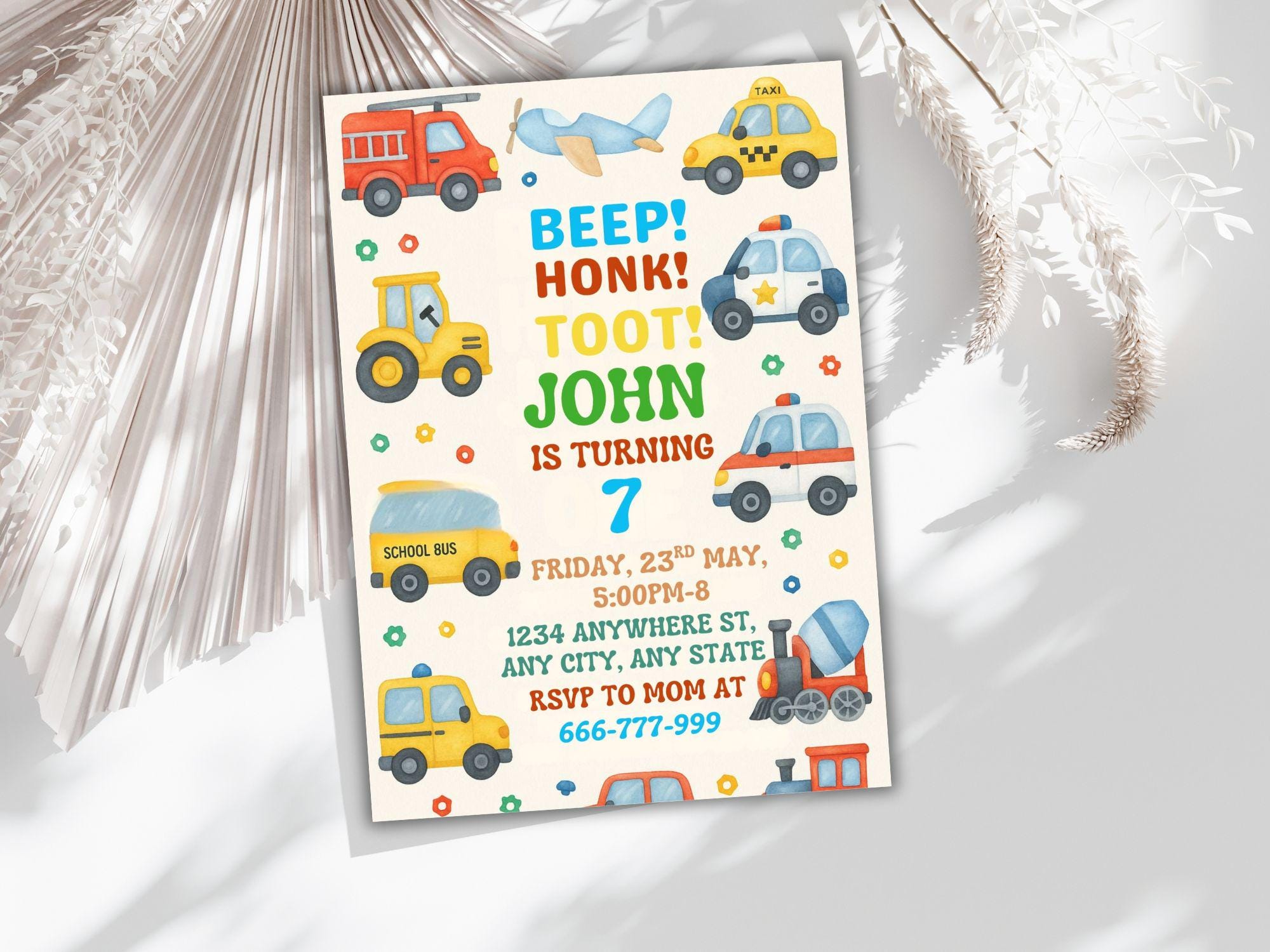 Editable Transportation Birthday Party Invitation, Truck, Train, Cars ...