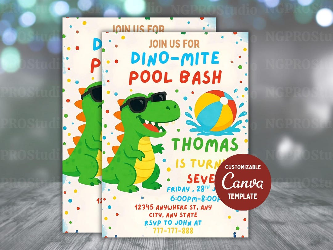 Editable Dinosaur Pool Party 5th Birthday Invitation Dino-mite Summer ...