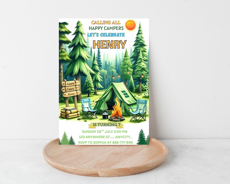 Editable Camping Birthday Invitation, Adventure Forest Camp Birthday ...