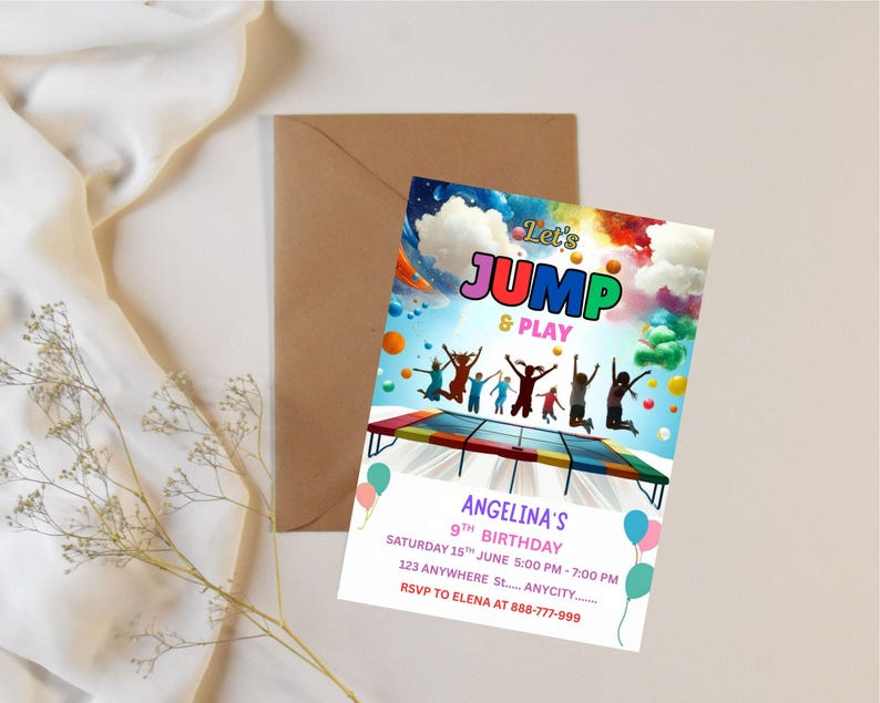 Editable Jump Party Birthday Invitation, Glow Trampoline Party Neutral ...