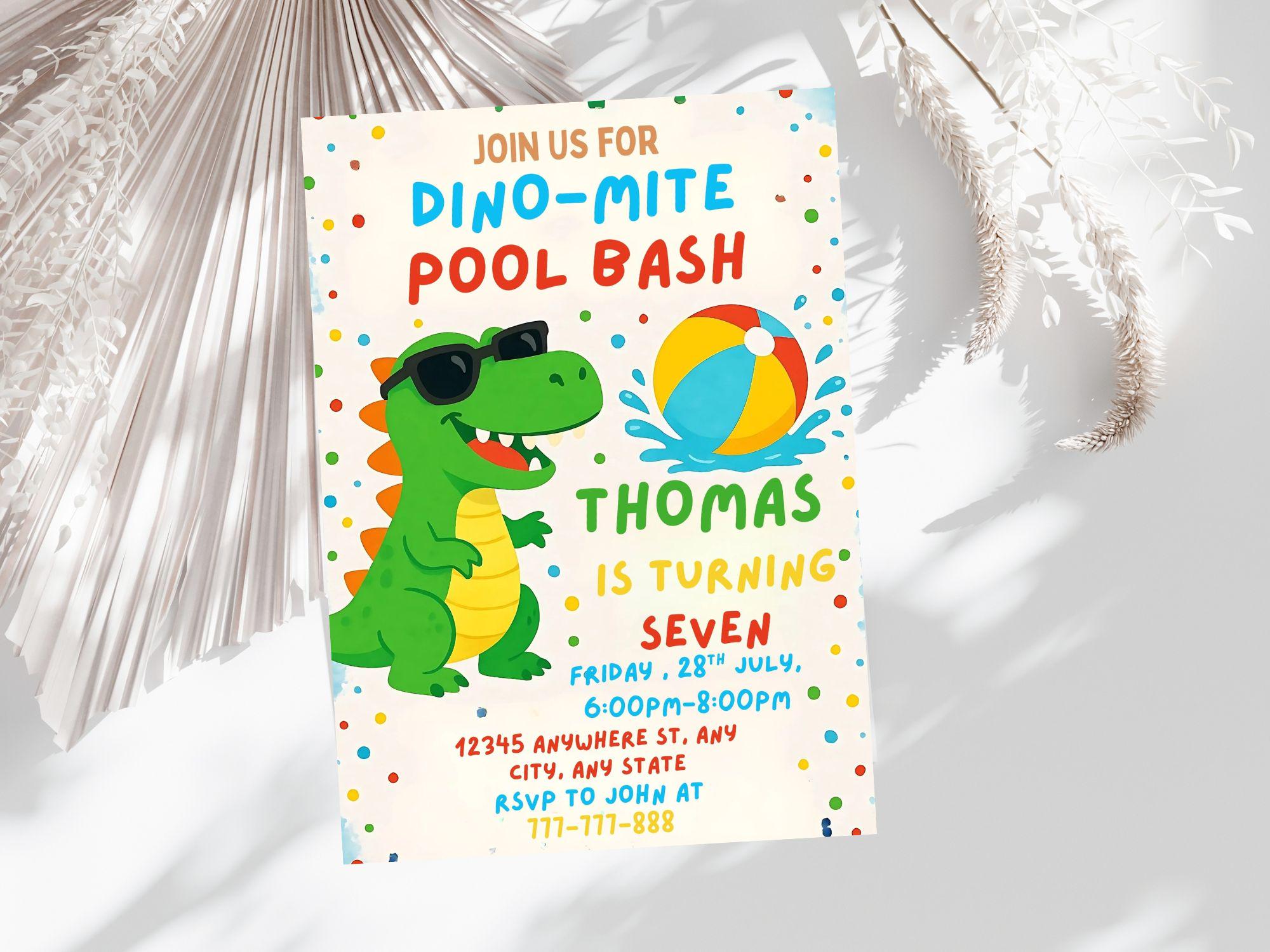 Editable Dinosaur Pool Party 5th Birthday Invitation Dino-mite Summer ...