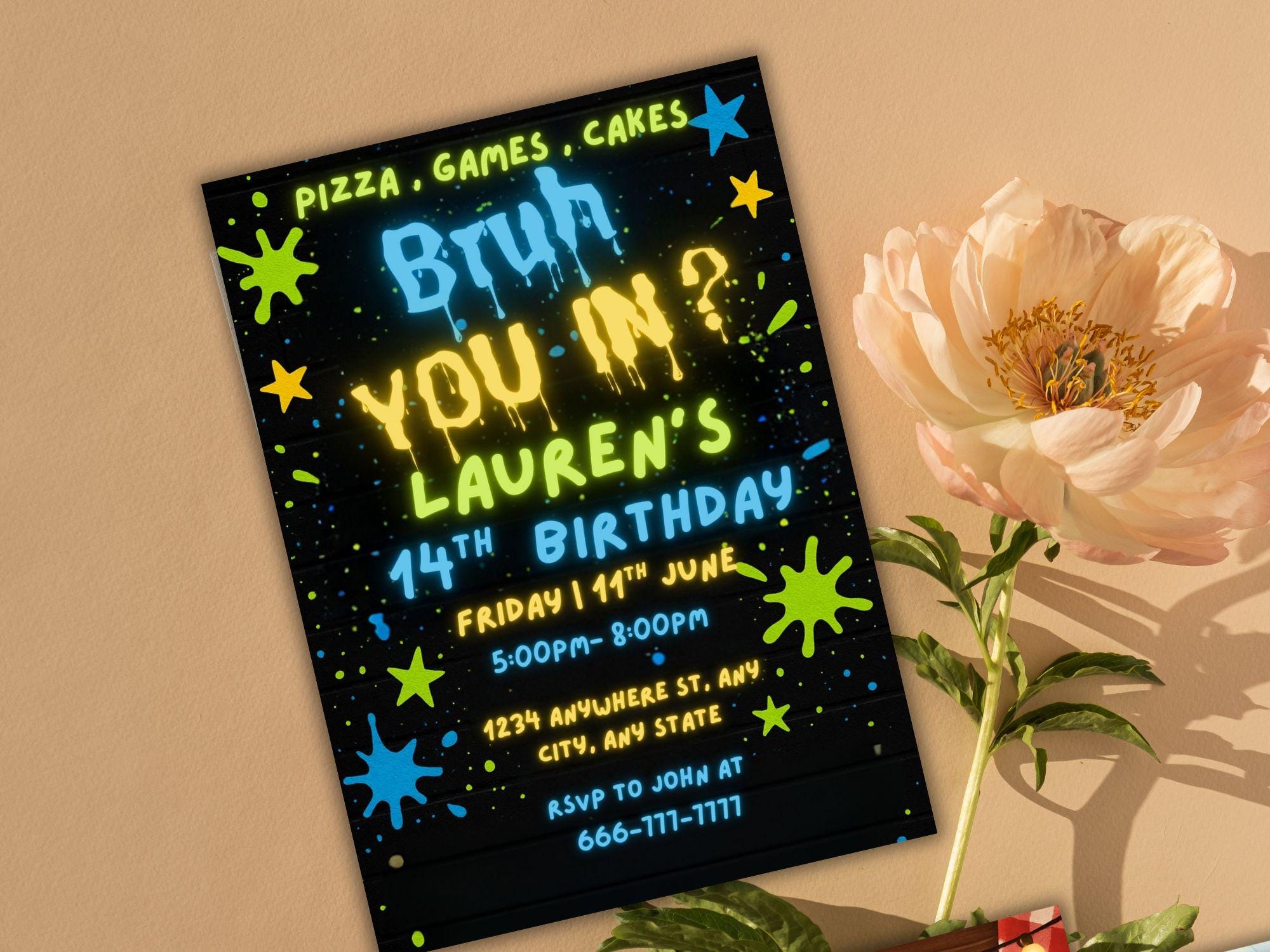 Editable Bruh Birthday Invitation, Neon Graffiti Theme Any Age Digital ...