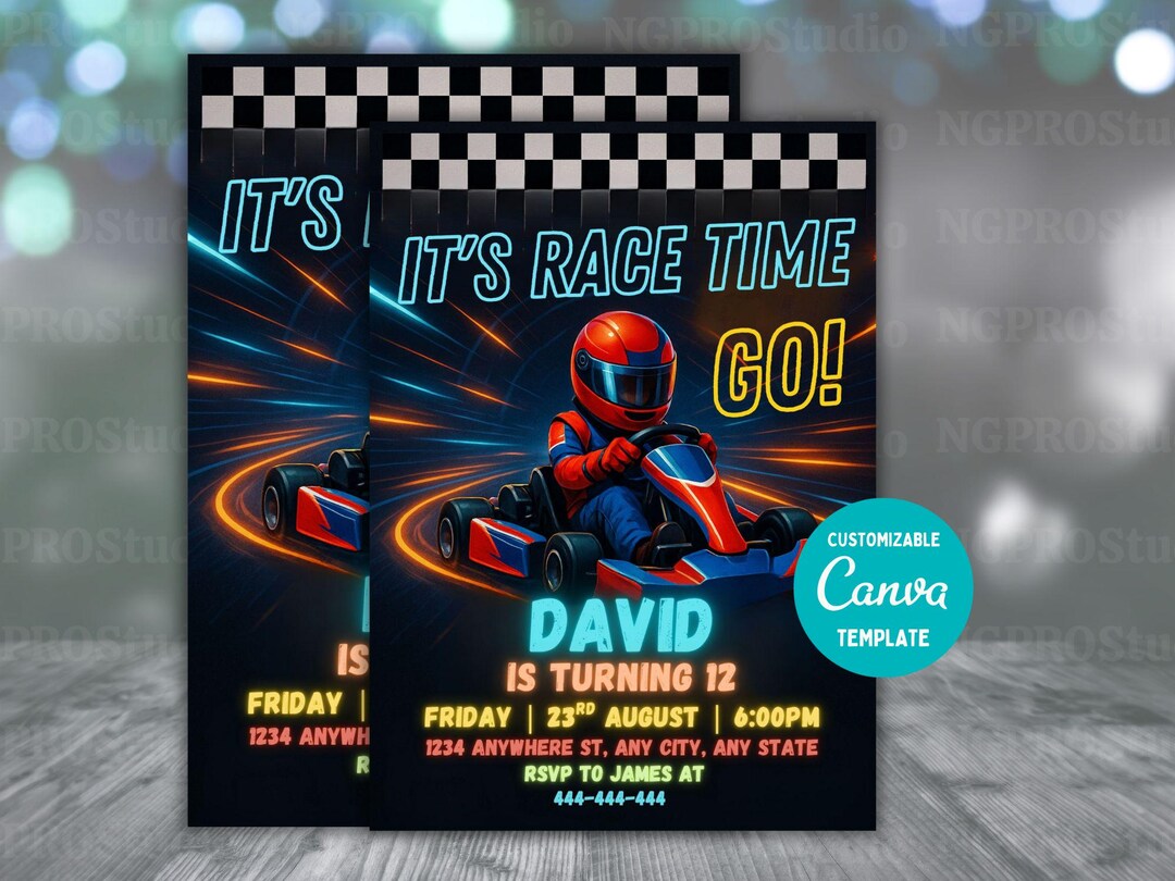 Neon Go Kart Party Invitation, Any Age Go Kart Racing Invite , Go-kart ...