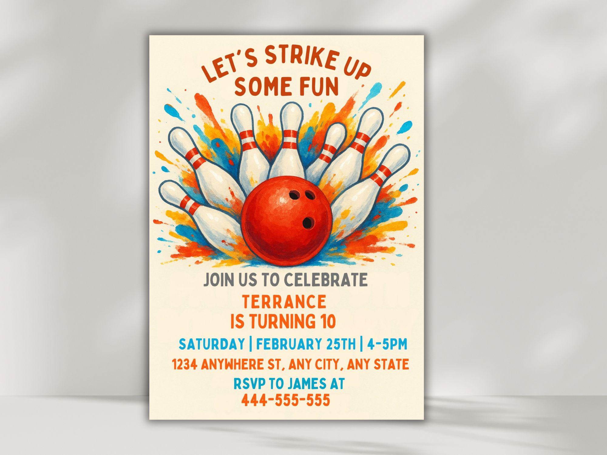 Editable Bowling Birthday Invitation Template, Printable Strike up Some ...