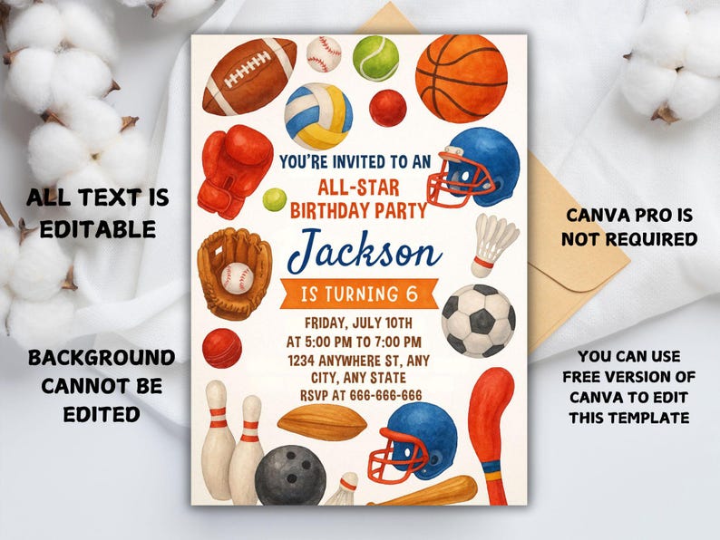 Editable Sports Birthday Party Invitation Baseball Basketball Football ...