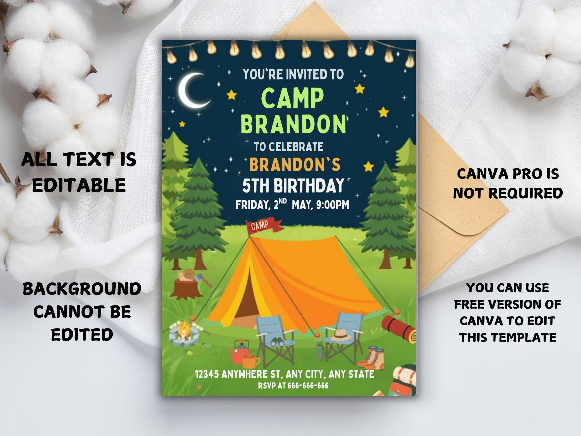 Editable Camping Birthday Invitation, Adventure Forest Camping Party ...