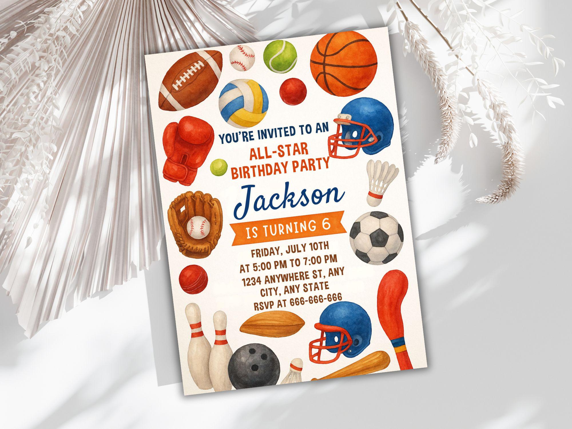 Editable Sports Birthday Party Invitation Baseball Basketball Football ...