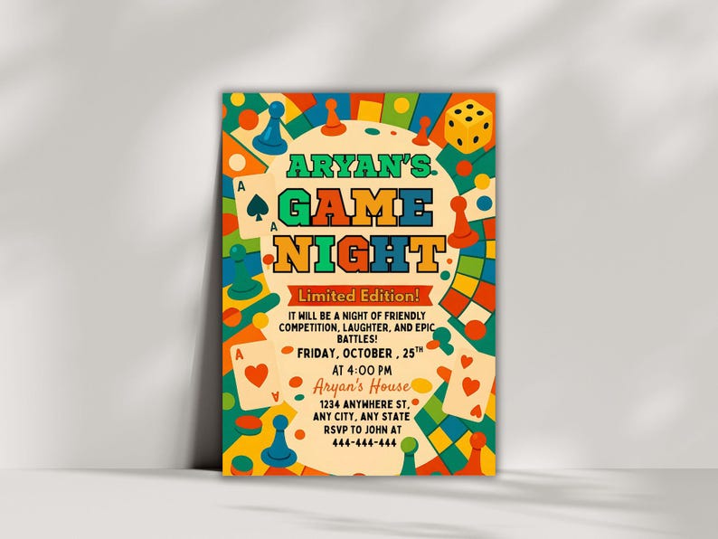 Editable Game Night Invitation, House Party Invite, Board Games, Family ...