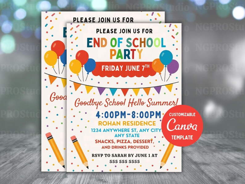 Editable End of School Year Party Invitation Template, Printable Canva ...