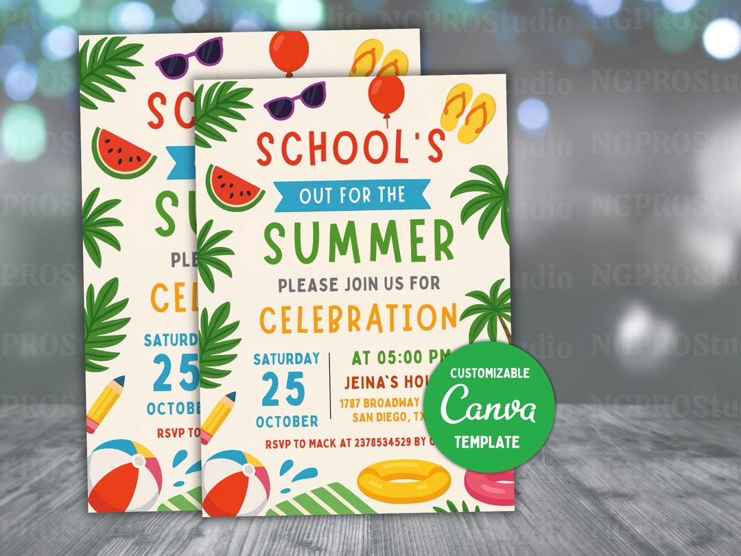 Editable End of School Party Schools Out Party Invitation, Summer ...