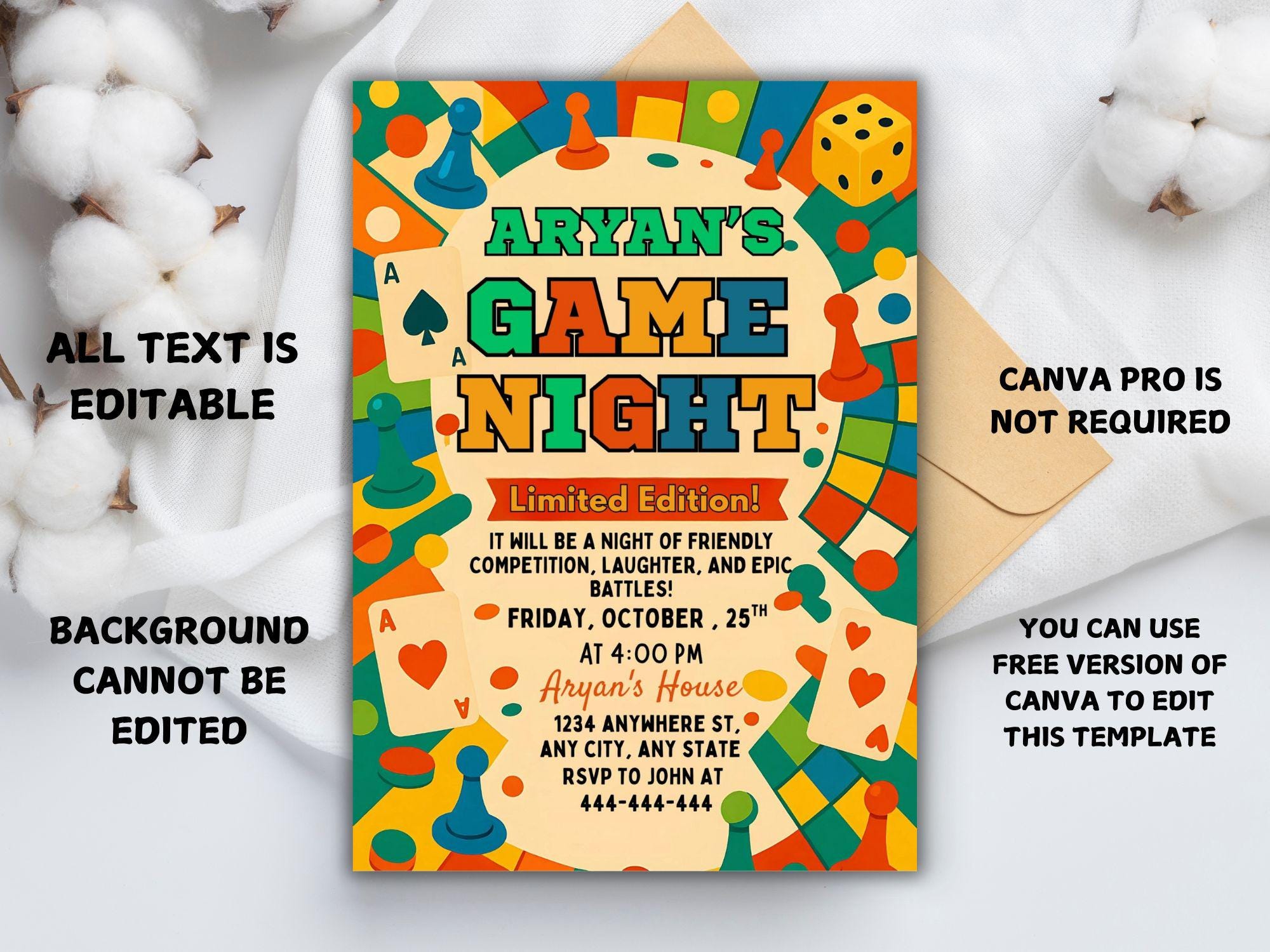 Editable Game Night Invitation, House Party Invite, Board Games, Family ...
